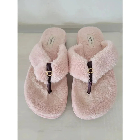 Coach | Shoes | Coach Hampton Flip Flops Pink Blush Faux Fur Shearling ...
